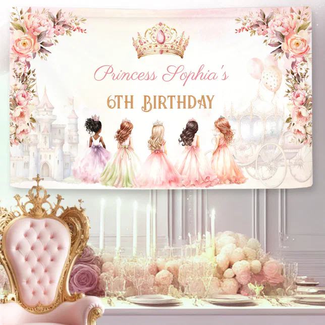 Princess Floral Crown Pink Gold Girl Birthday Banner | Zazzle
