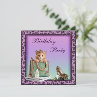 Princess Kitten Purple Faux Leopard Fur Birthday Invitation | Zazzle