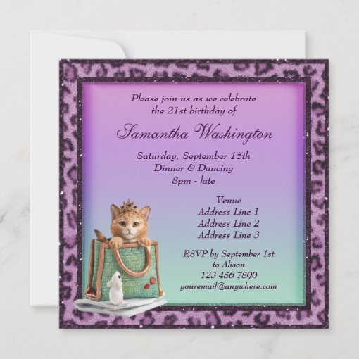 Princess Kitten Purple Faux Leopard Fur Birthday Invitation | Zazzle