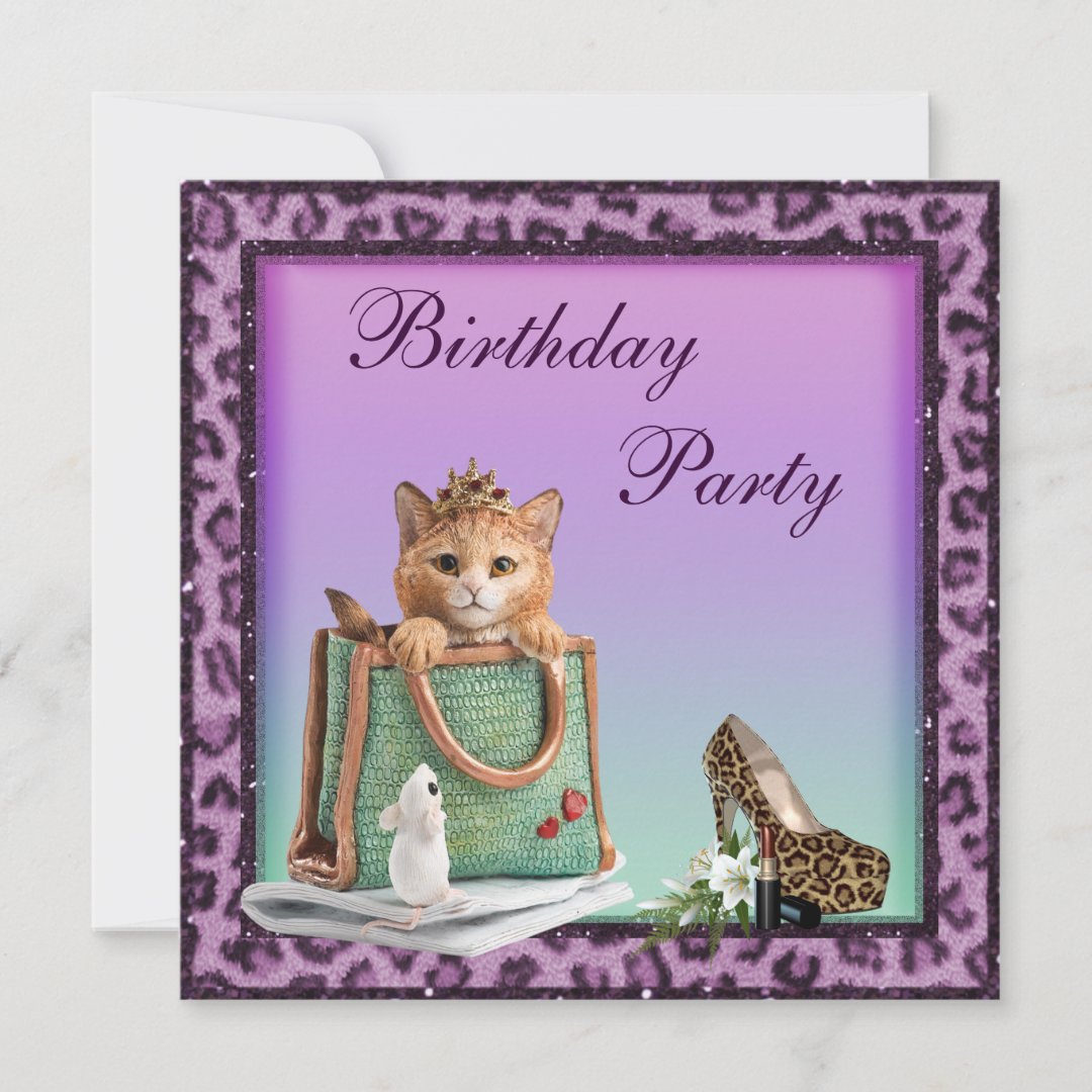 Princess Kitten Purple Faux Leopard Fur Birthday Invitation | Zazzle