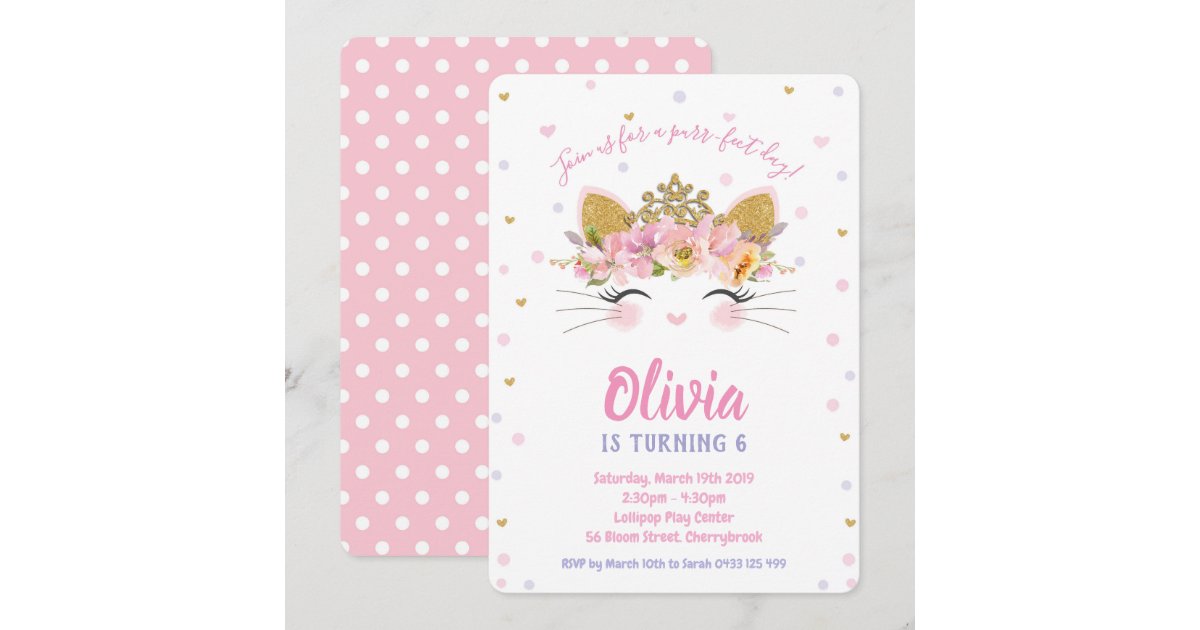 Princess Kitty Cat Birthday Party Girl Invitation | Zazzle