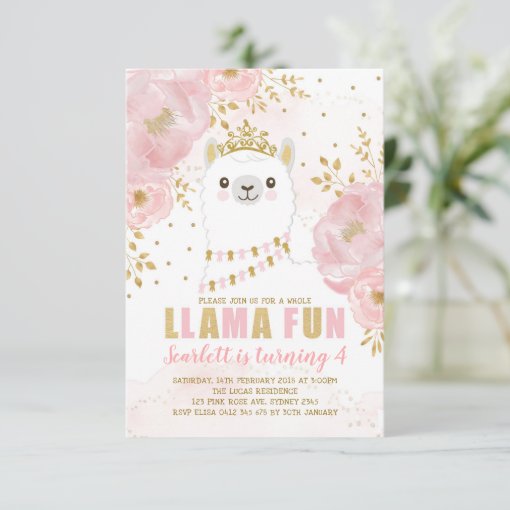 Princess Llama Birthday / Pink Gold Fiesta Party Invitation | Zazzle