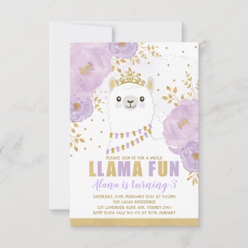 Princess Llama Birthday / Purple Gold Fiesta Party Invitation | Zazzle