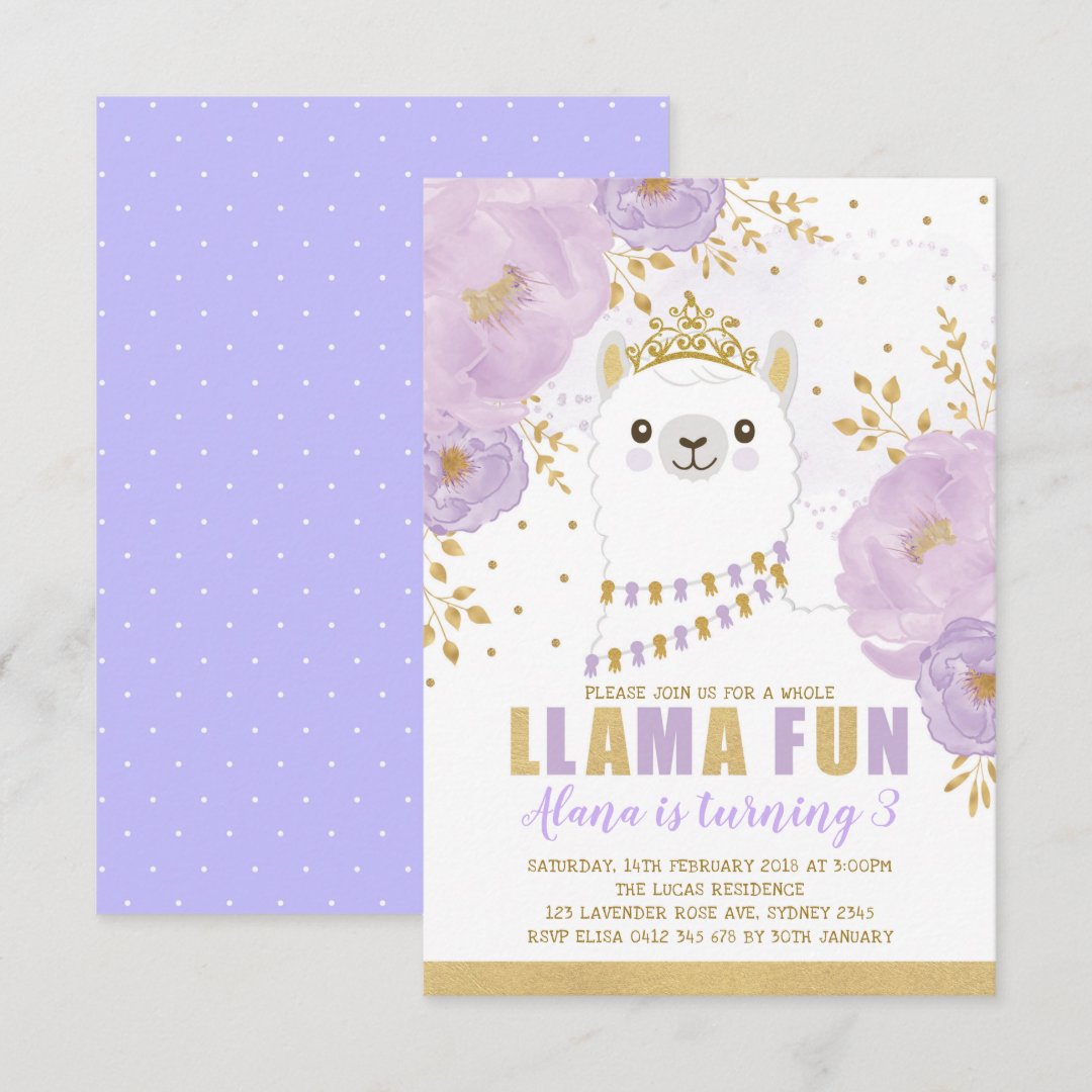 Princess Llama Birthday / Purple Gold Fiesta Party Invitation | Zazzle
