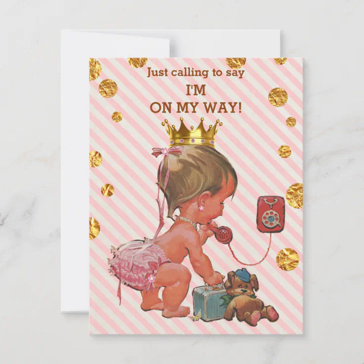 Princess On Phone Stripes Gold Spots Baby Shower Invitation | Zazzle