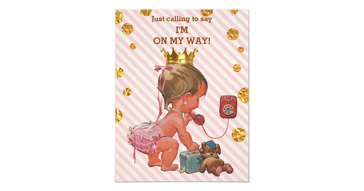 Princess On Phone Stripes Gold Spots Baby Shower Invitation | Zazzle.com