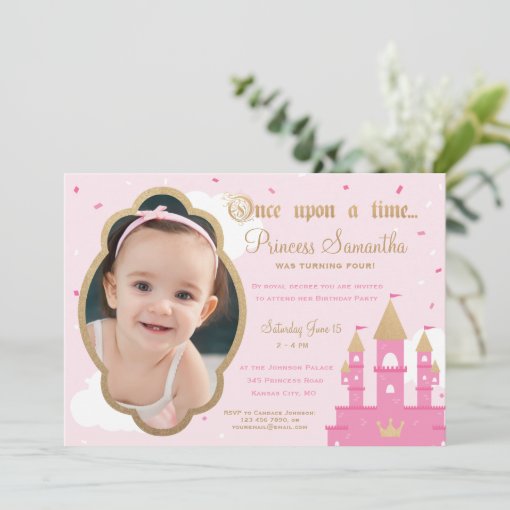Princess Party Photo Invitations | Pink & Gold | Zazzle