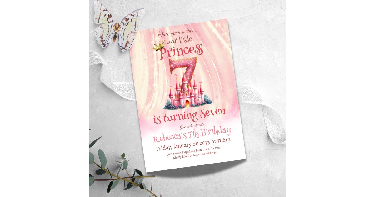 Princess Pink Castle Girl Seventh 7th Birthday Invitation | Zazzle