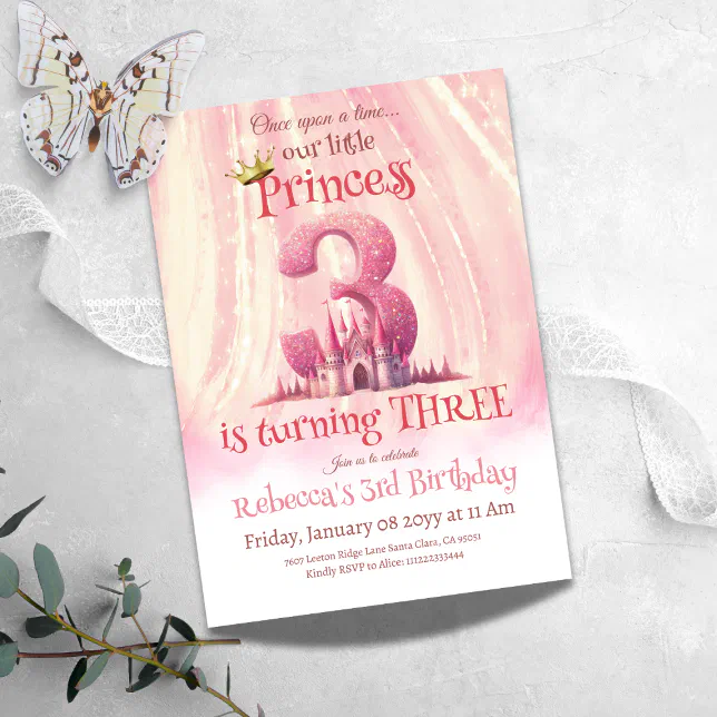 Princess Pink Castle Girl Third 3rd Birthday Invitation | Zazzle