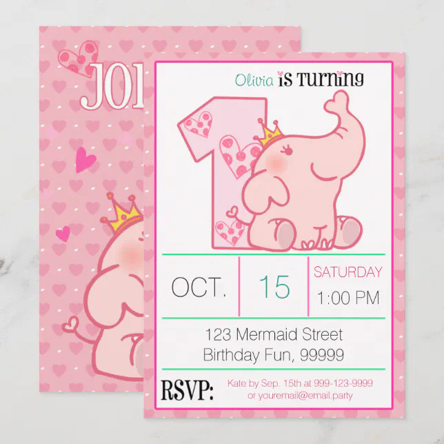 Princess Pink Elephant 1st Birthday Party Custom Invitation | Zazzle