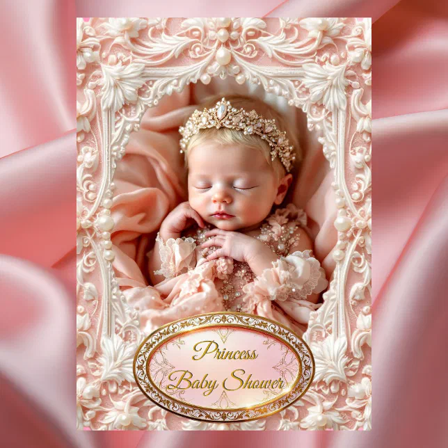 Princess Pink Gold Baby Girl Shower pearl Blonde Invitation | Zazzle