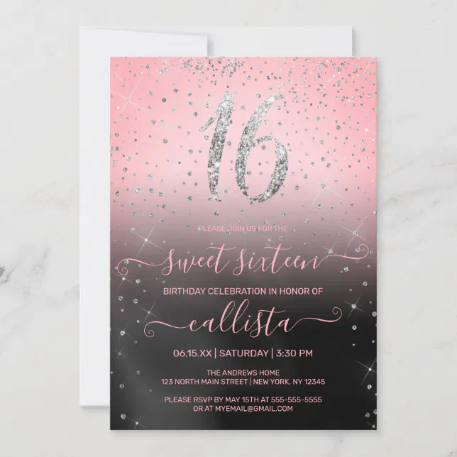 Princess Pink Silver Glitter Confetti Sweet 16 Invitation | Zazzle