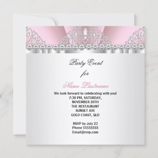 Princess Pink White Diamond Tiara Birthday Party Invitation | Zazzle