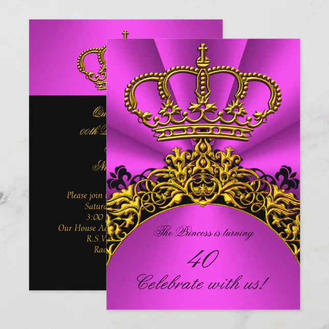 Princess Queen Gold Hot Pink Birthday Party Invitation | Zazzle