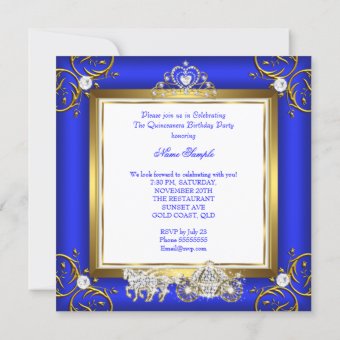 Princess Quinceanera 15th Birthday Royal Blue Gold Invitation | Zazzle
