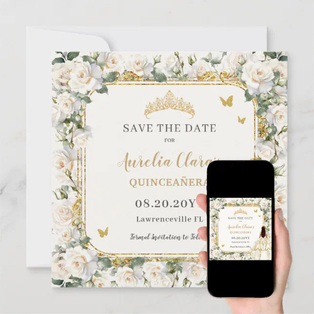Princess Quinceañera Champagne Ivory Roses Dress Save The Date | Zazzle
