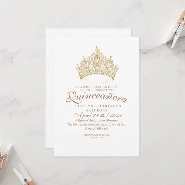 Princess Quinceañera Elegant White Gold Crown Invitation | Zazzle