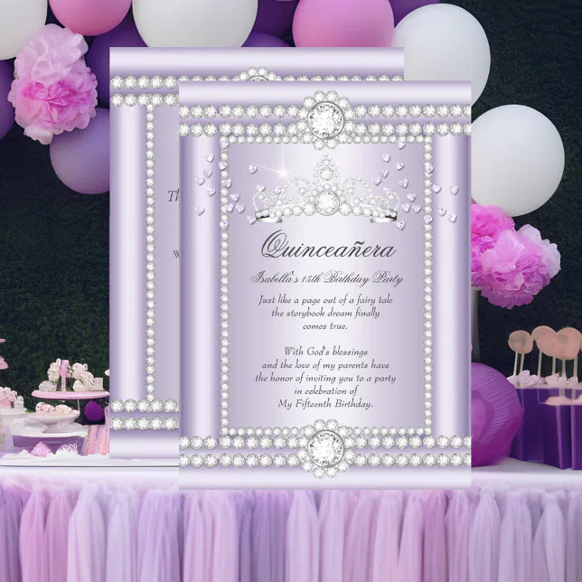Princess Quinceanera Lilac Hearts Diamond Tiara Invitation | Zazzle