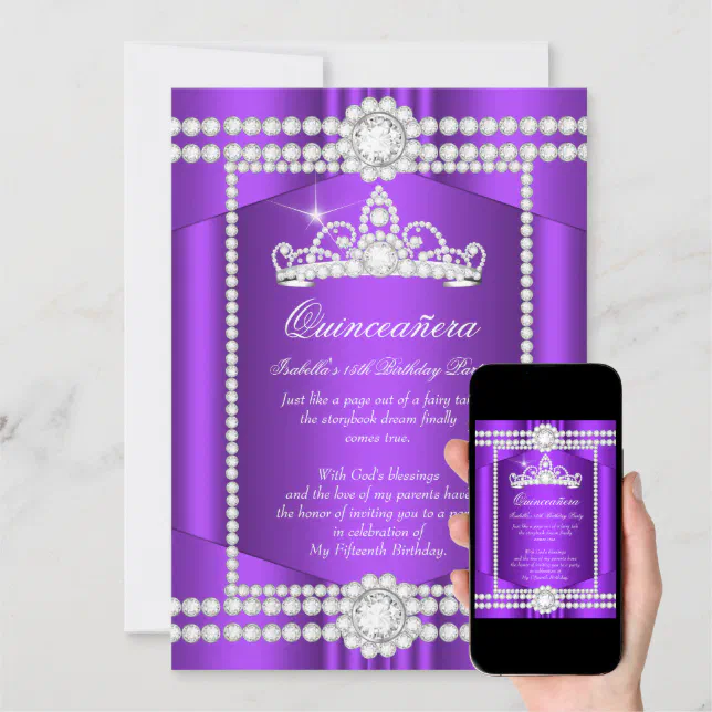 Princess Quinceanera Purple White Diamond Tiara Invitation | Zazzle
