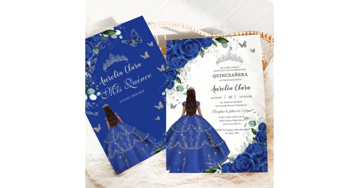 Princess Quinceañera Royal Blue Roses Silver Dress Invitation | Zazzle