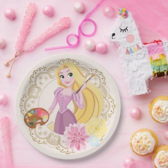 Princess Rapunzel | Floral Gold Confetti Paper Plates | Zazzle