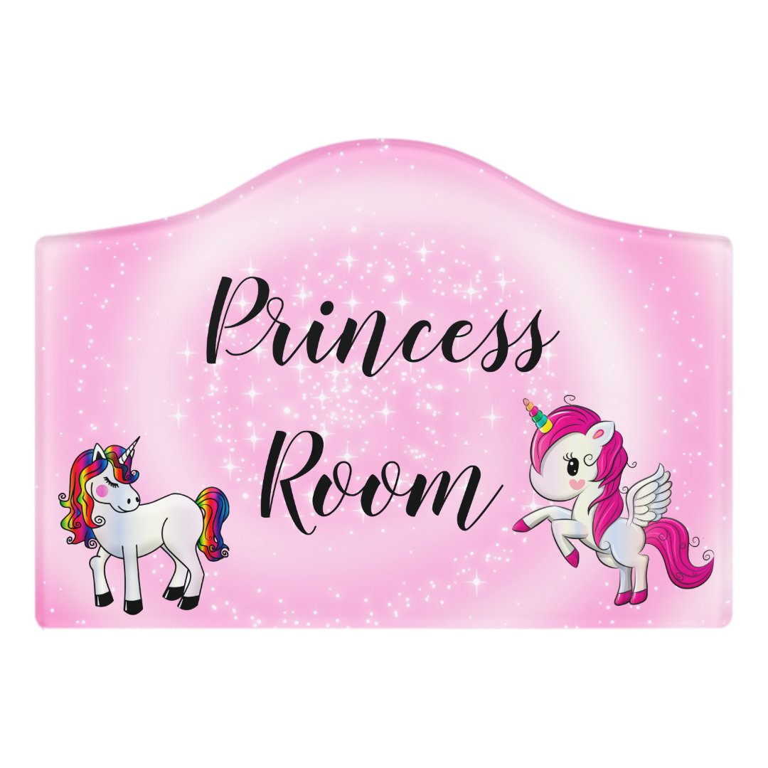 princess room, pink background and unicorns door sign | Zazzle