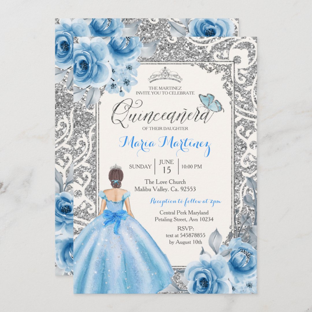 Princess Silver and Blue Roses Mis Quince Invitation | Zazzle
