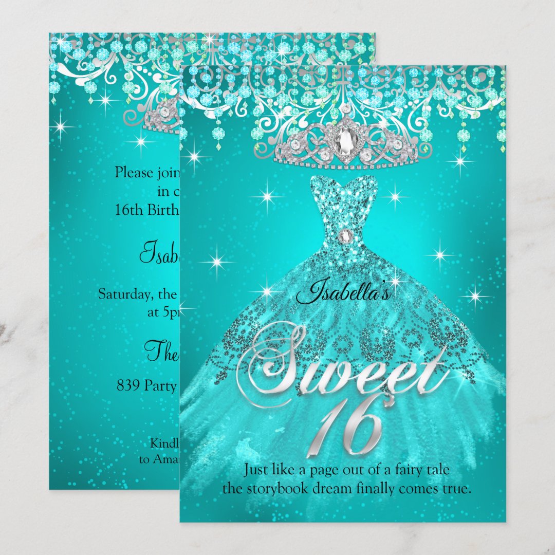 Princess Sweet 16 Birthday Teal Aqua Dress Tiara Invitation | Zazzle