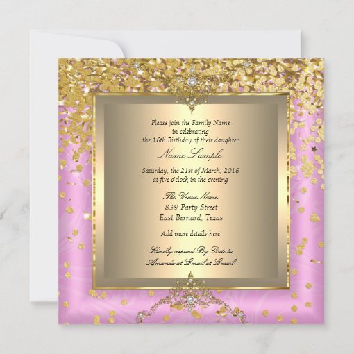 Princess Sweet 16 Gold Pink Birthday Party Invitation | Zazzle