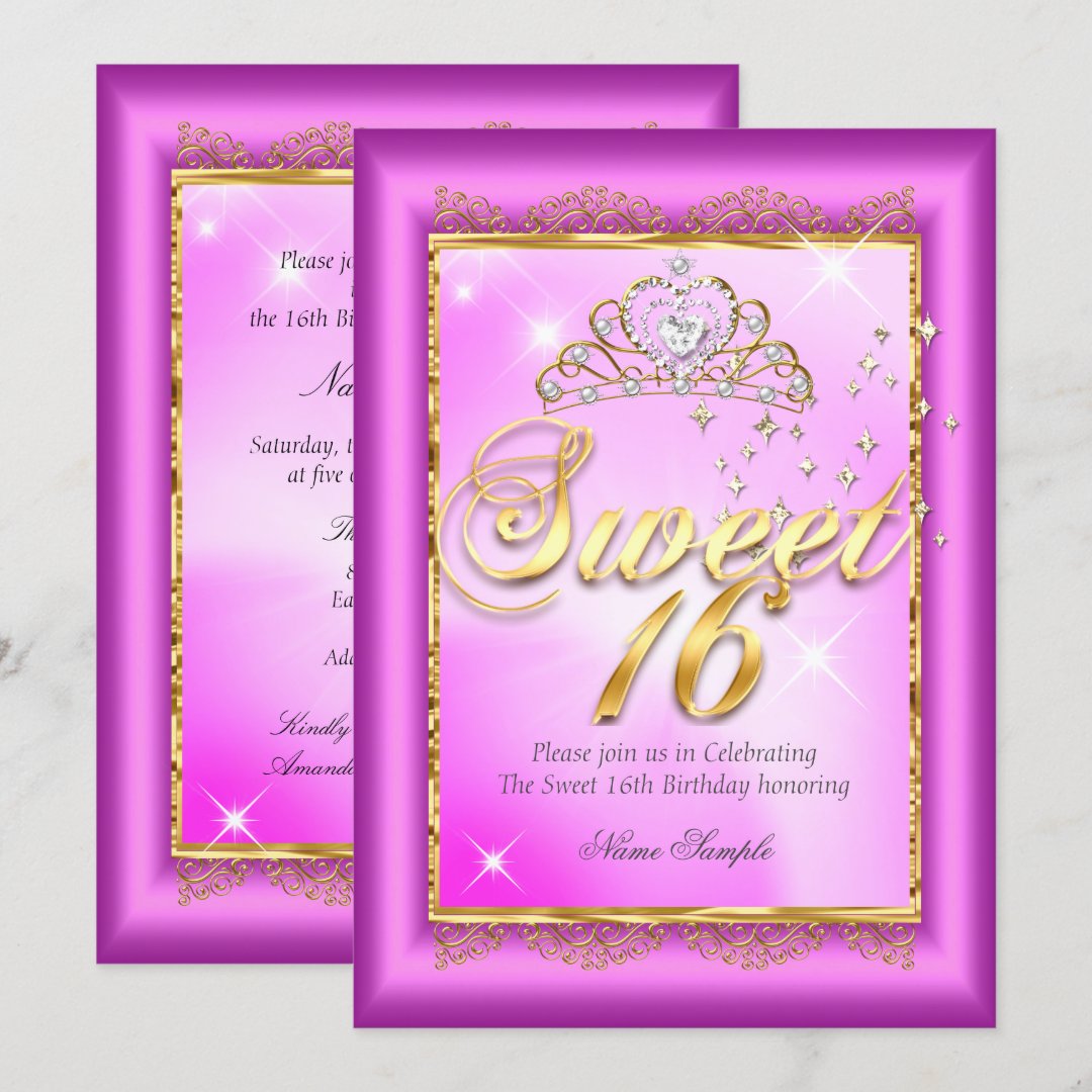 Princess Sweet 16 Hot Pink Magenta Gold Party Invitation | Zazzle