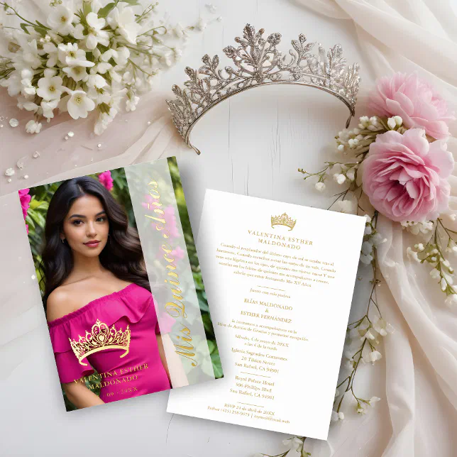 Princess Tiara Quinceañera Photo Fancy Calligraphy Foil Invitation | Zazzle
