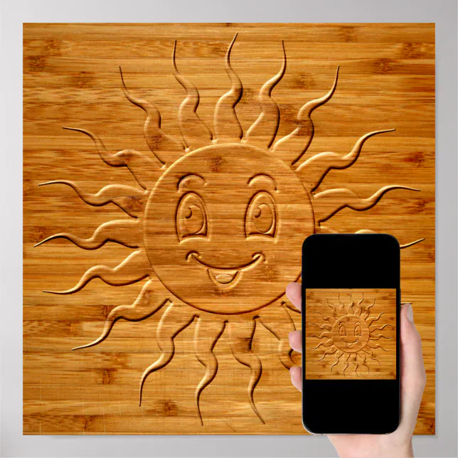 Print Of Smiling Sun Face Carved In Wood | Zazzle