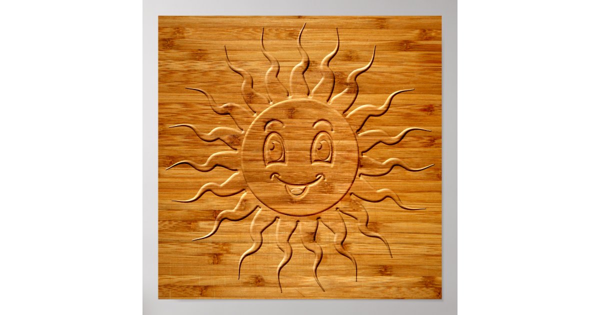 Print Of Smiling Sun Face Carved In Wood | Zazzle