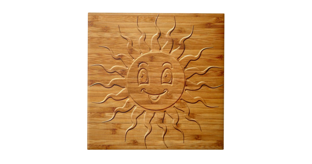 Print Of Smiling Sun Face Carved In Wood Ceramic Tile | Zazzle