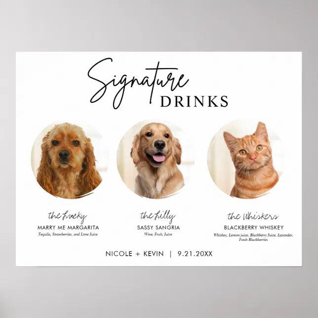 Printable 3 Pets Signature Drinks Sign Wedding Bar | Zazzle