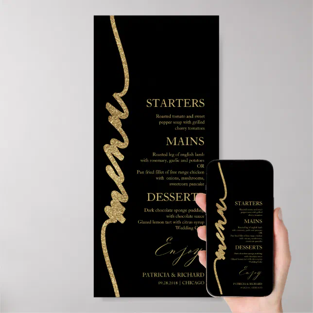 Printable 4x9 Wedding Menu Card For Plate Poster | Zazzle