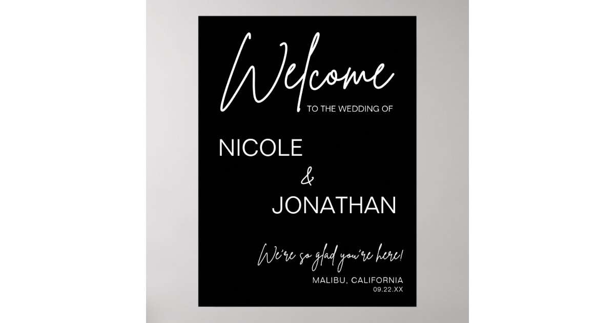 Printable Black Modern Wedding Welcome Sign | Zazzle
