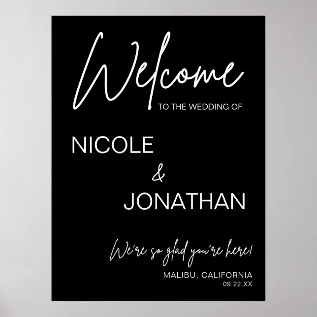 Printable Black Modern Wedding Welcome Sign | Zazzle