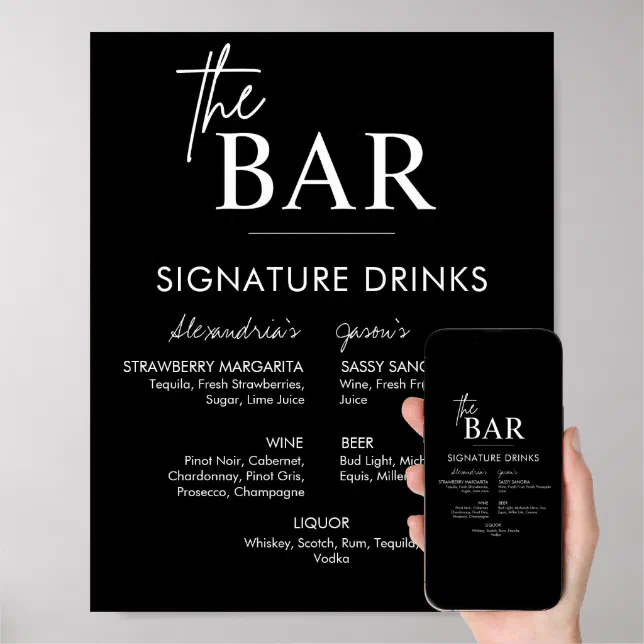 Printable Black Wedding Signature Drinks Bar Menu Poster | Zazzle