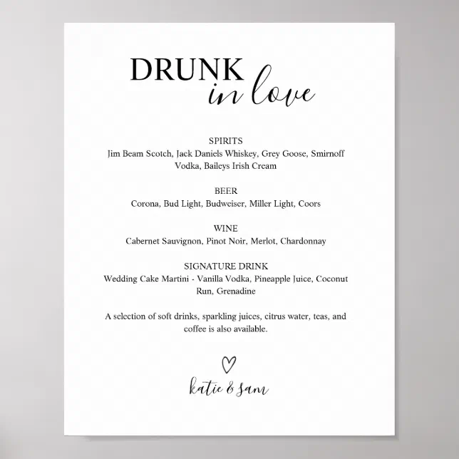Printable Drunk In Love Wedding Bar Sign Menu | Zazzle