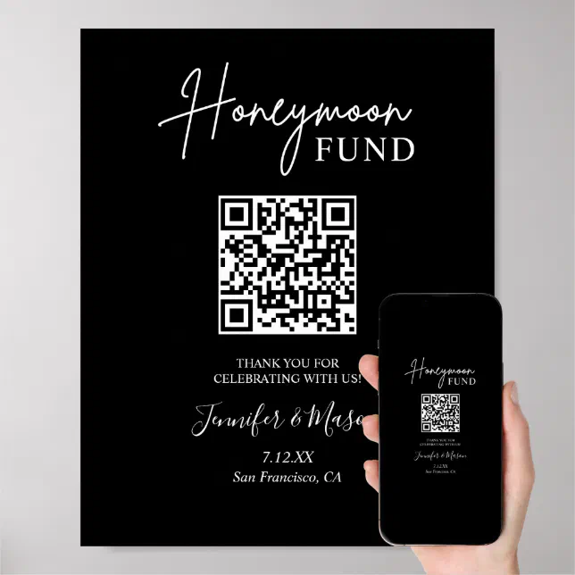 Printable Honeymoon Fund Sign QR Code Black | Zazzle