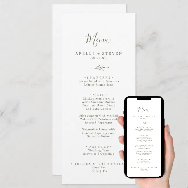 Printable | Minimal Leaf Olive Green Wedding Menu Invitation | Zazzle