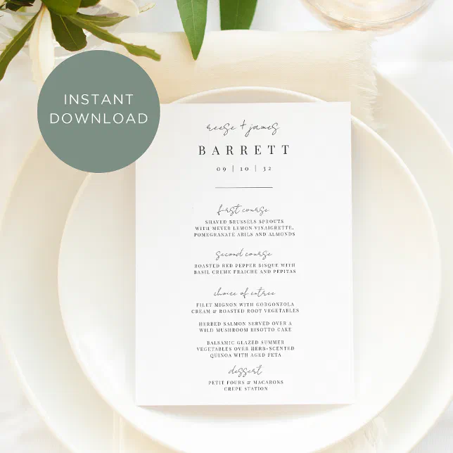 Printable Modern Minimal Script Wedding Menu Card | Zazzle