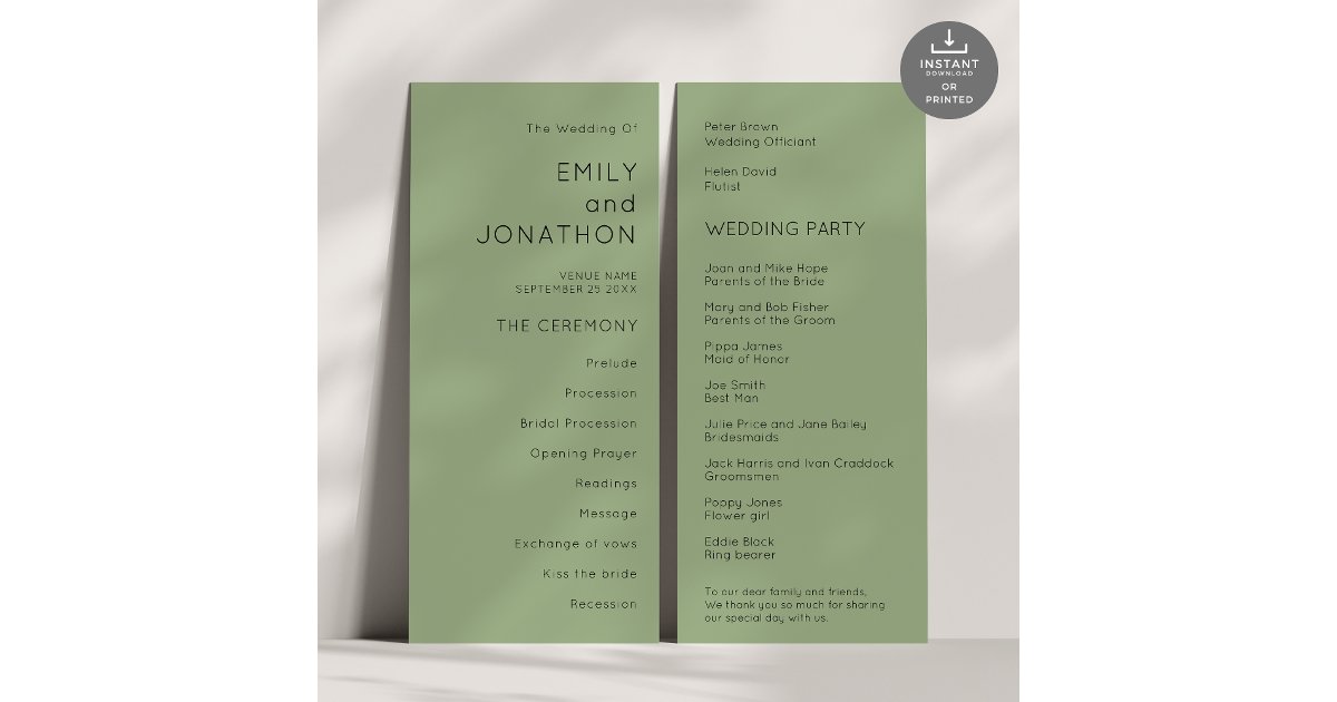 Printable Simple Text Sage Green Wedding Program | Zazzle