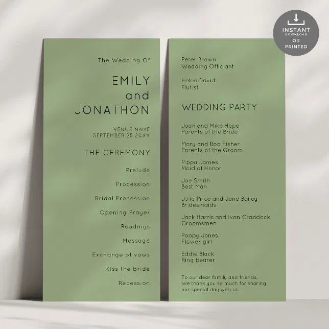 Printable Simple Text Sage Green Wedding Program | Zazzle