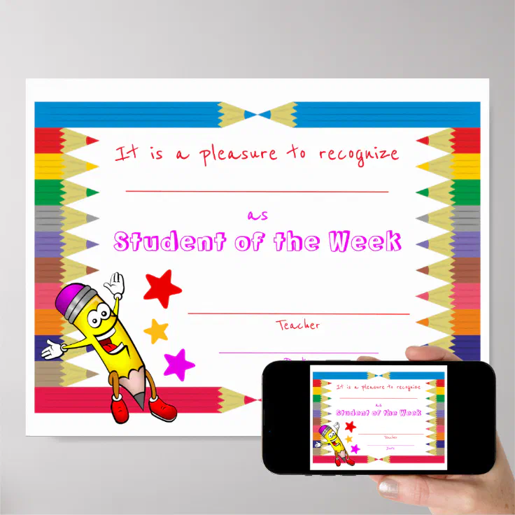 Printable Student of the Week Certificate for Kids Poster | Zazzle