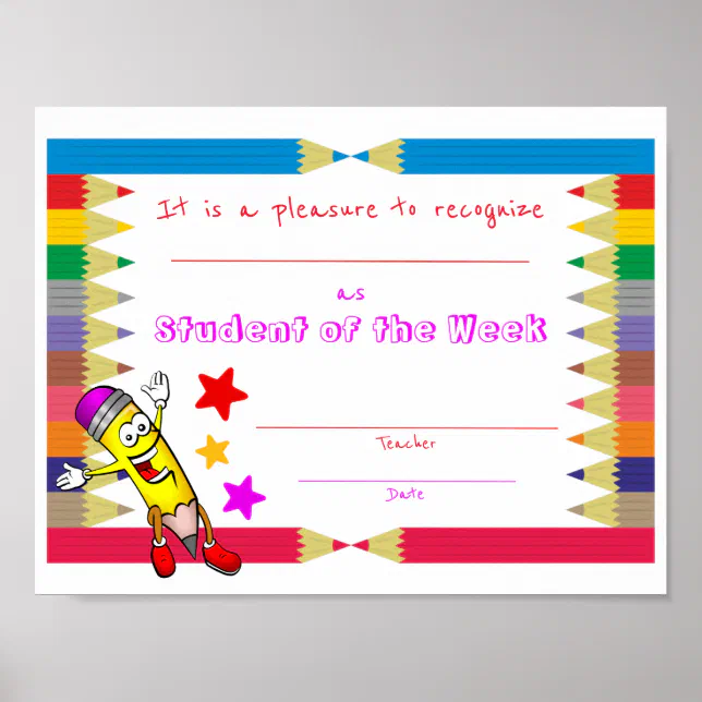 Printable Student of the Week Certificate for Kids Poster | Zazzle