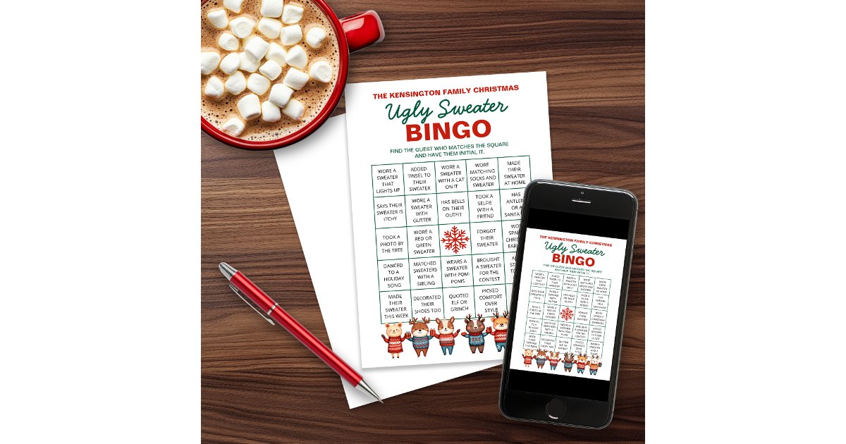 Printable Ugly Sweater Bingo Game Holiday Card | Zazzle