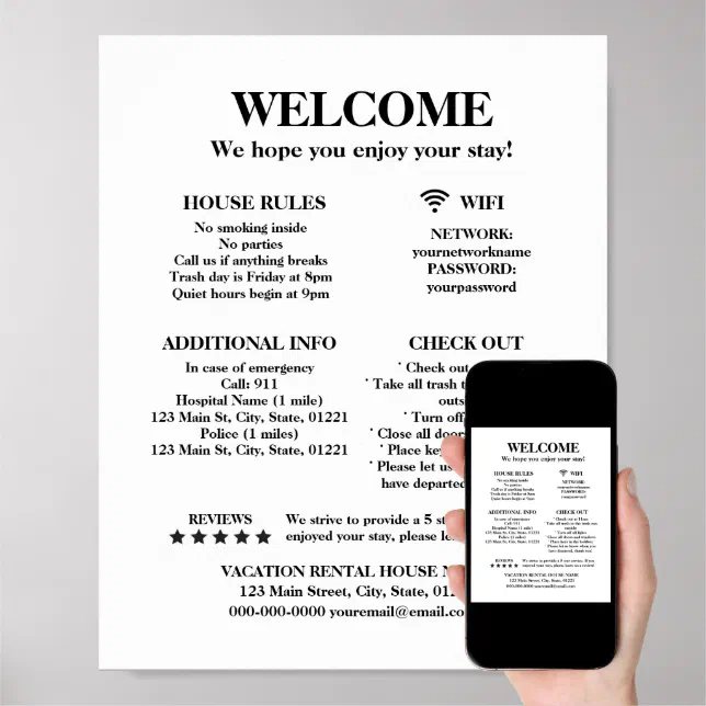 Printable Vacation Rental Welcome Information Poster | Zazzle