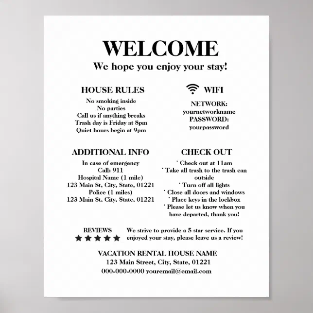 Printable Vacation Rental Welcome Information Poster | Zazzle